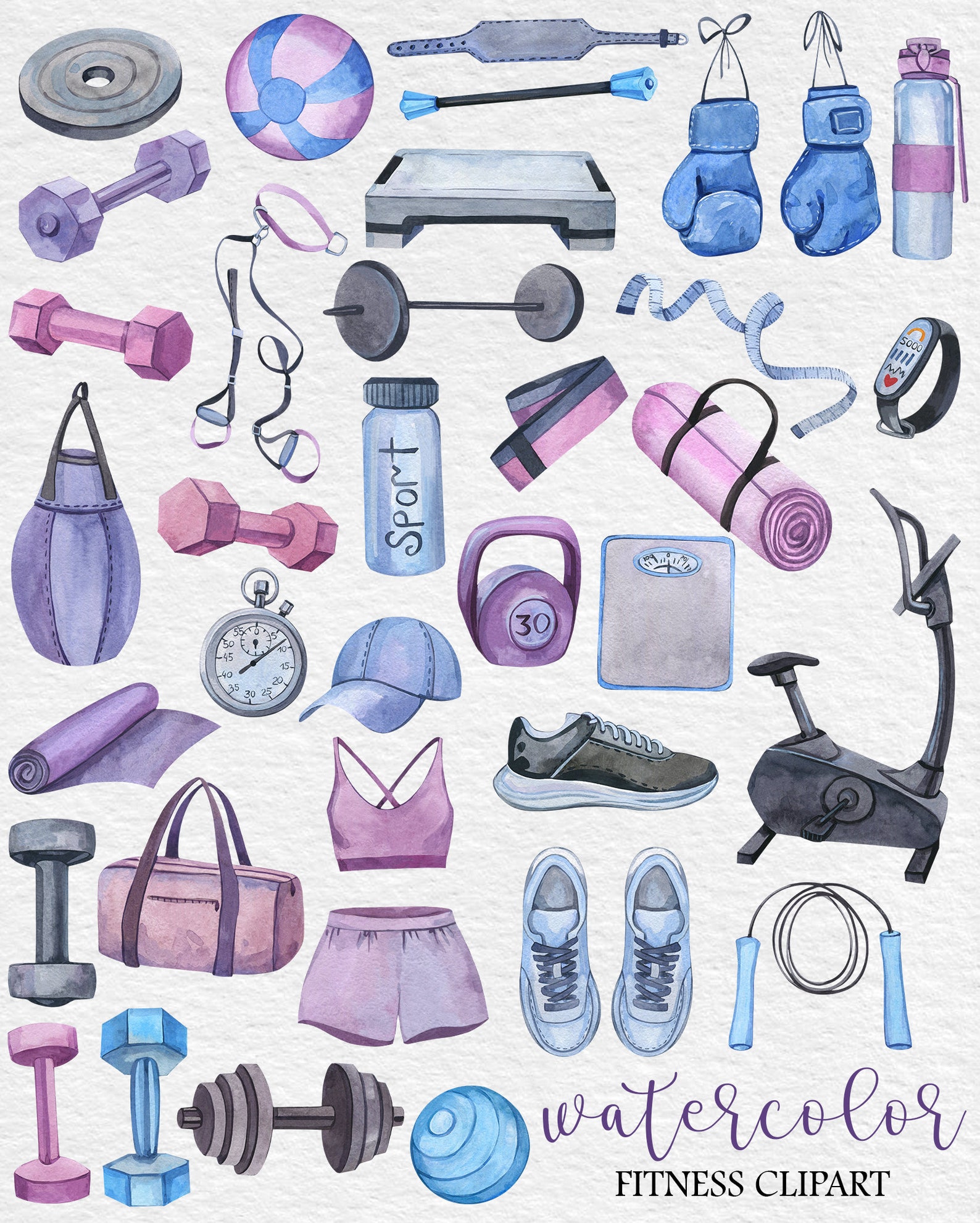 Watercolor Fitness Clipart: Gym Equipment PNG Fitness Stickers Digital ...