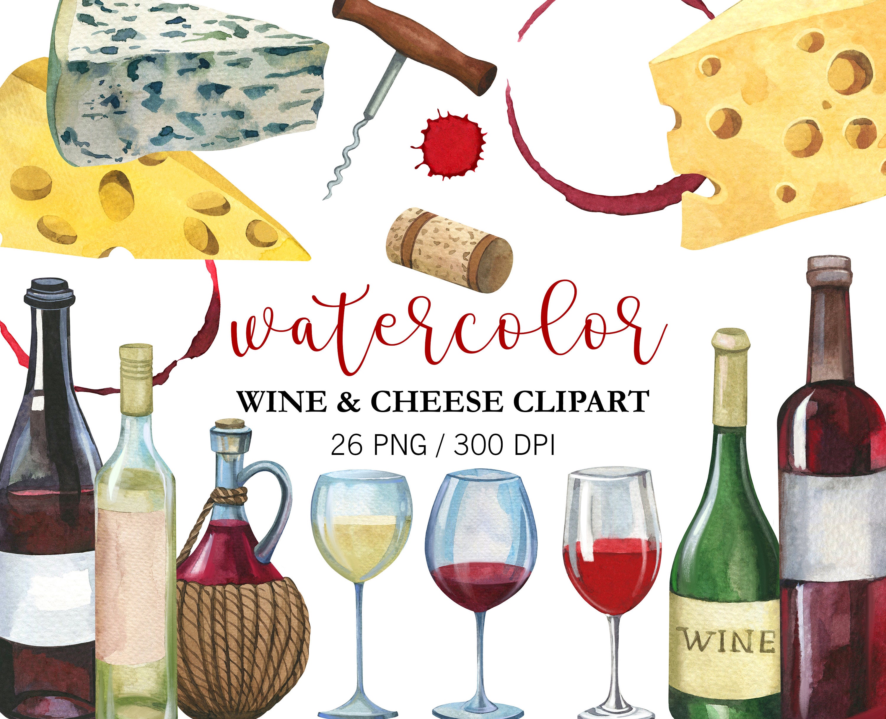 Watercolor Wine Clipart, Fall Clipart, Wine & Cheese, PNG, Wine ...