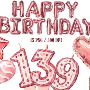 Watercolor Birthday Party Clipart, Balloons and Candles, Birthday ...