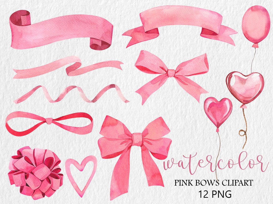 Watercolor Pink Bows Clipart Handpainted Ribbon Bows. PNG. | Etsy