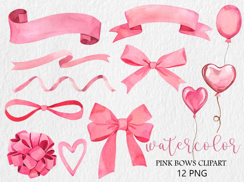 Pink Bows PNG Clipart, Girl Baby Shower Decor, Handpainted Ribbon Bows ...