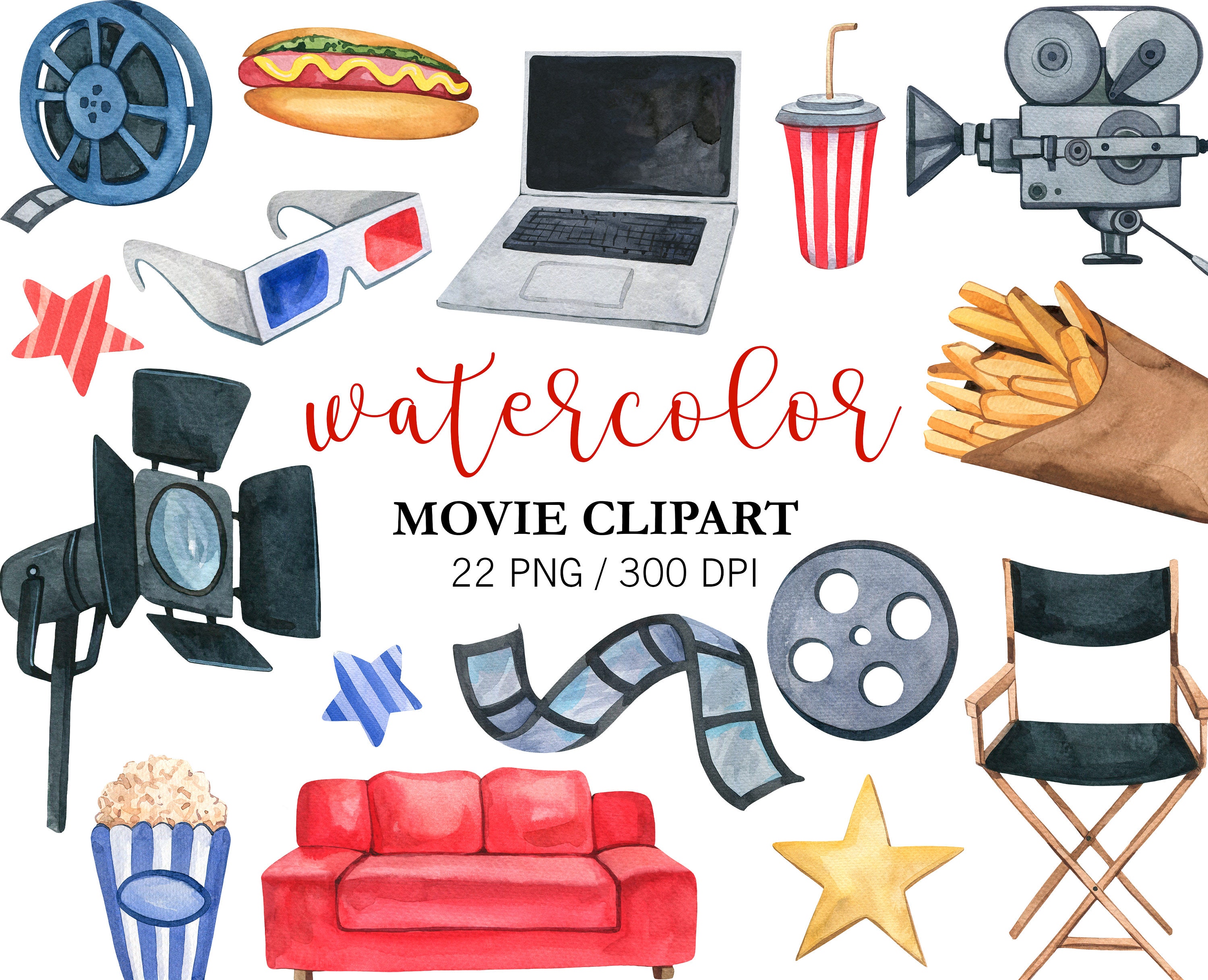 Watercolor Movie Night Clipart: Cinema PNG Set Digital Download - Etsy