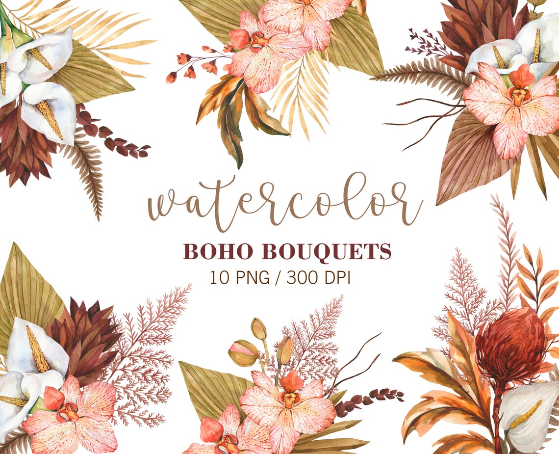 Watercolor Boho Bouquet Clipart Boho Tropical Flowers | Etsy