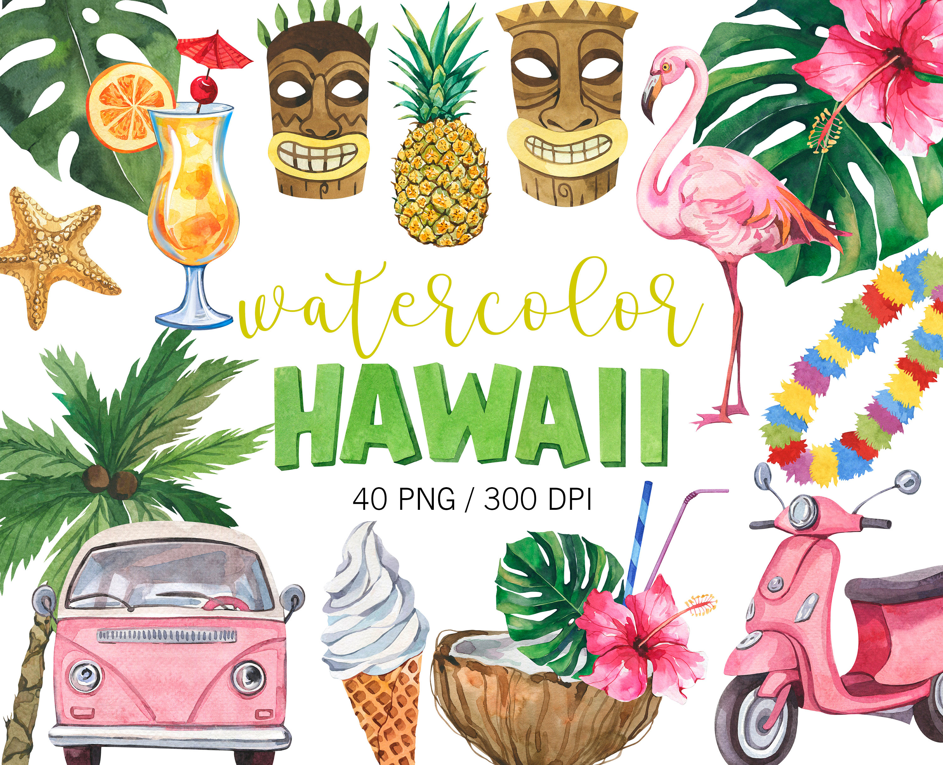Watercolor Hawaii Clipart Summer Clipart PNG Tropical - Etsy