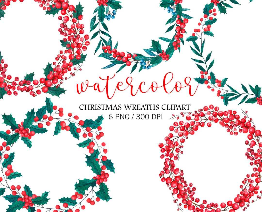 Watercolor Christmas Wreath, Christmas Png, Red Berries, Holly Jolly ...