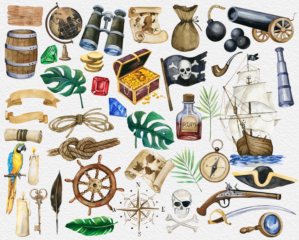 Watercolor Pirates Clipart Pirate Ship Treasure Chest | Etsy