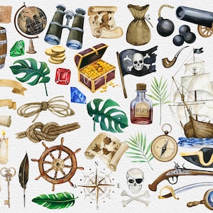 Watercolor Pirates Clipart, Pirate Ship, Treasure Chest, Pirate Party ...