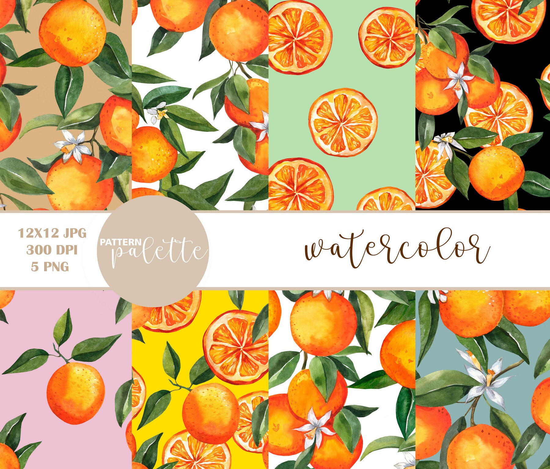 Watercolor Oranges Seamless Patterns, Oranges Clipart, PNG, Watercolor ...