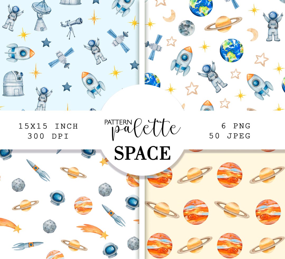 Watercolor Space Seamless Pattern, Astronaut Space Digital Paper Pack ...