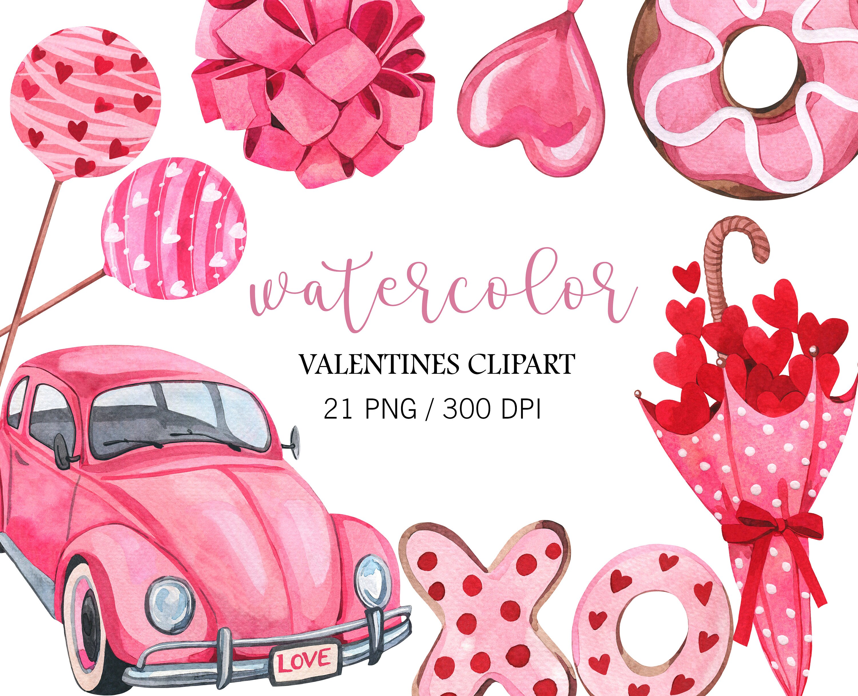 Watercolor Valentines Day Clipart Pink Valentine's - Etsy