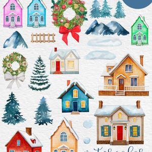 Watercolor Winter Houses Clipart: Christmas Cottage PNG Winter Clipart ...
