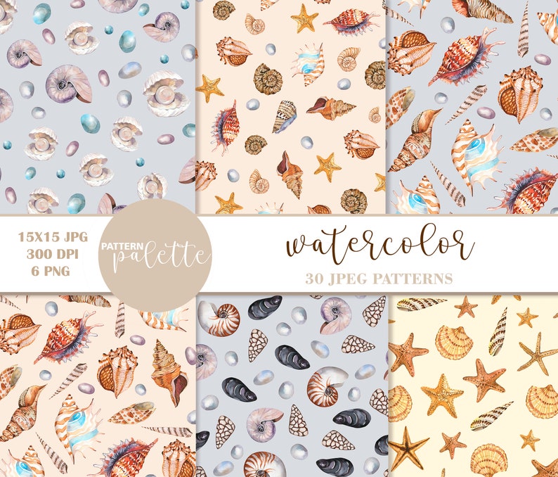 Watercolor Seashells Seamless Patterns, Ocean Seashell, Watercolor ...