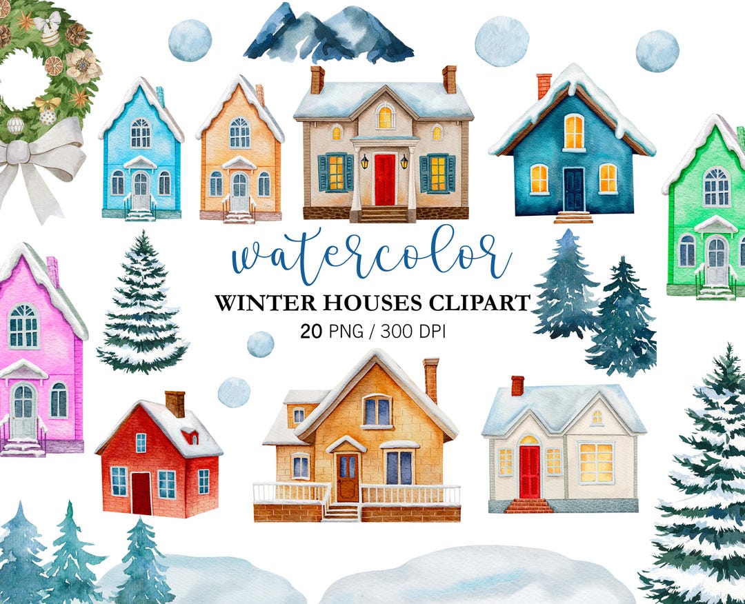 Watercolor Winter Houses Clipart: Christmas Cottage PNG Winter Clipart ...