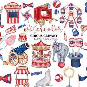 Watercolor Circus Clipart: Carnival Animals, Tent, Carousel PNG ...