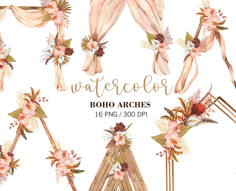 Boho Wedding Backdrop PNG, Wedding Arch Watercolor Design, Boho Flowers ...