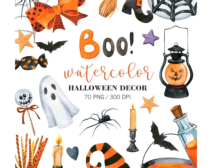 Cute Halloween Clipart - Watercolor Halloween Clip Art, Halloween Party ...