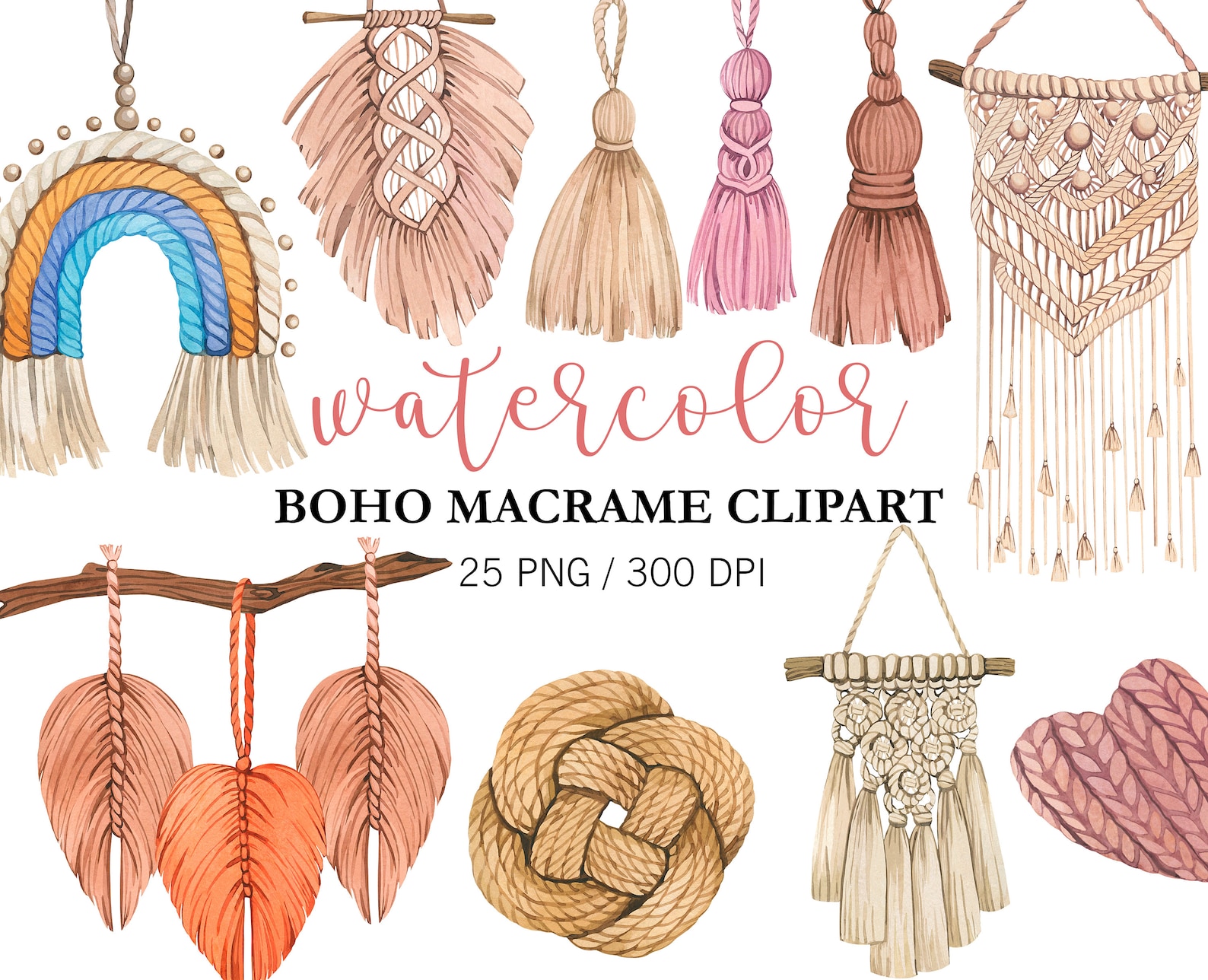 Watercolor Macrame Clipart Boho Clipart PNG Rainbow - Etsy
