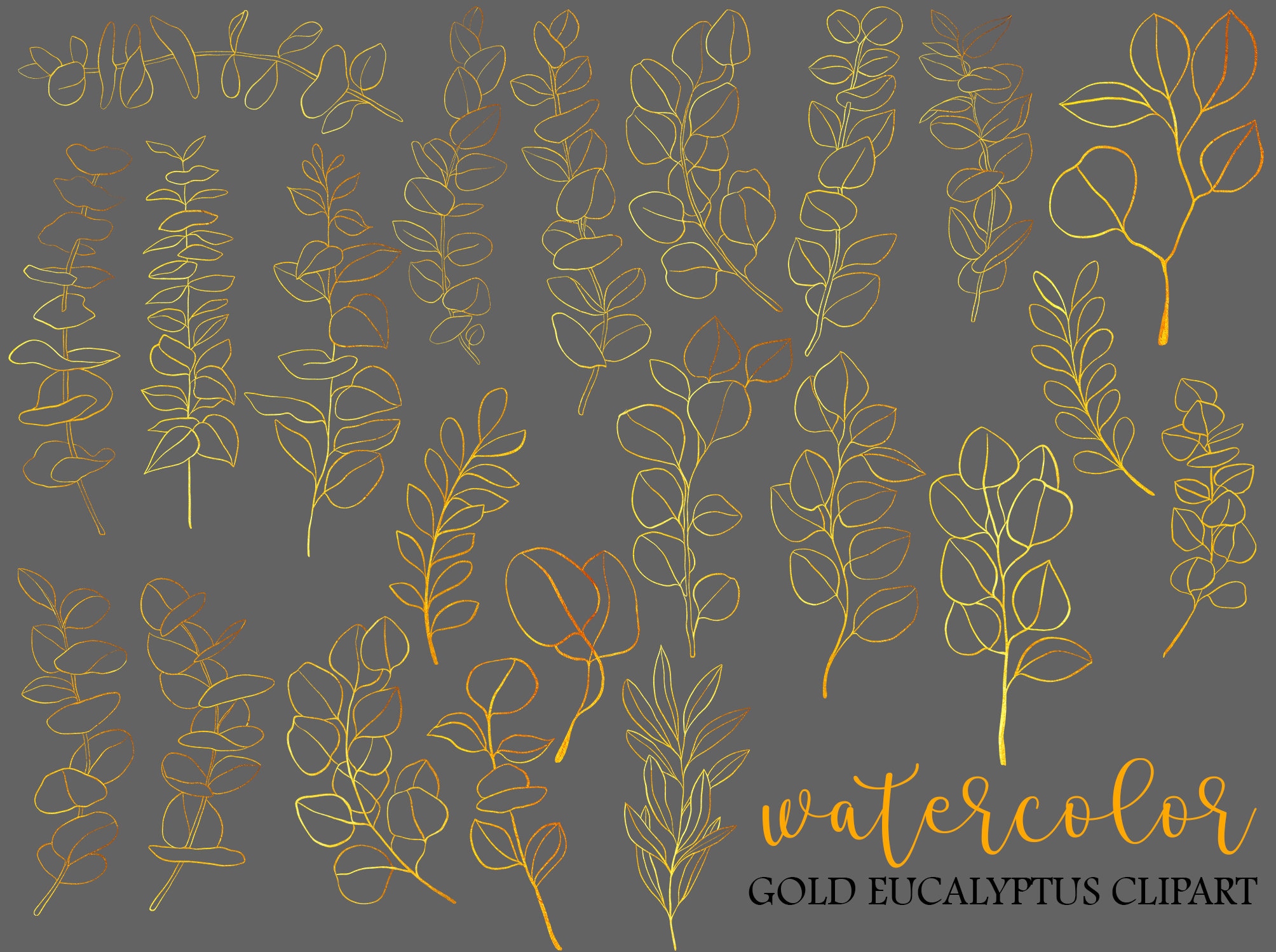 Gold Eucalyptus Clipart Doodle Clipart PNG Glitter - Etsy