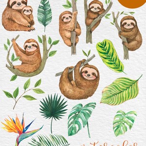 Watercolor Sloth Clipart: Tropical Leaves, Nursery Decor Digital ...