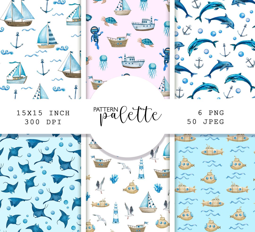 Watercolor Nautical Seamless Patterns, Marine Digital Paper, Ocean Sea ...