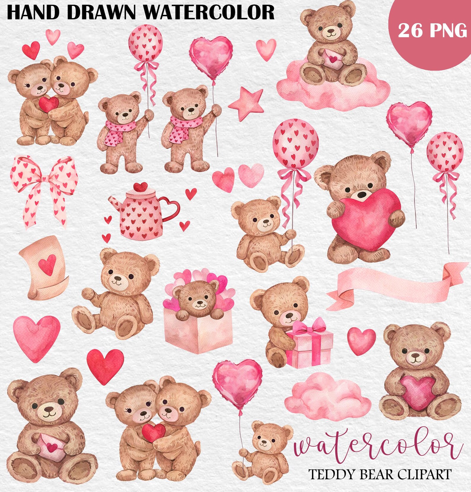 Watercolor Valentines Teddy Bear Clipart PNG, Valentines Day Clipart ...
