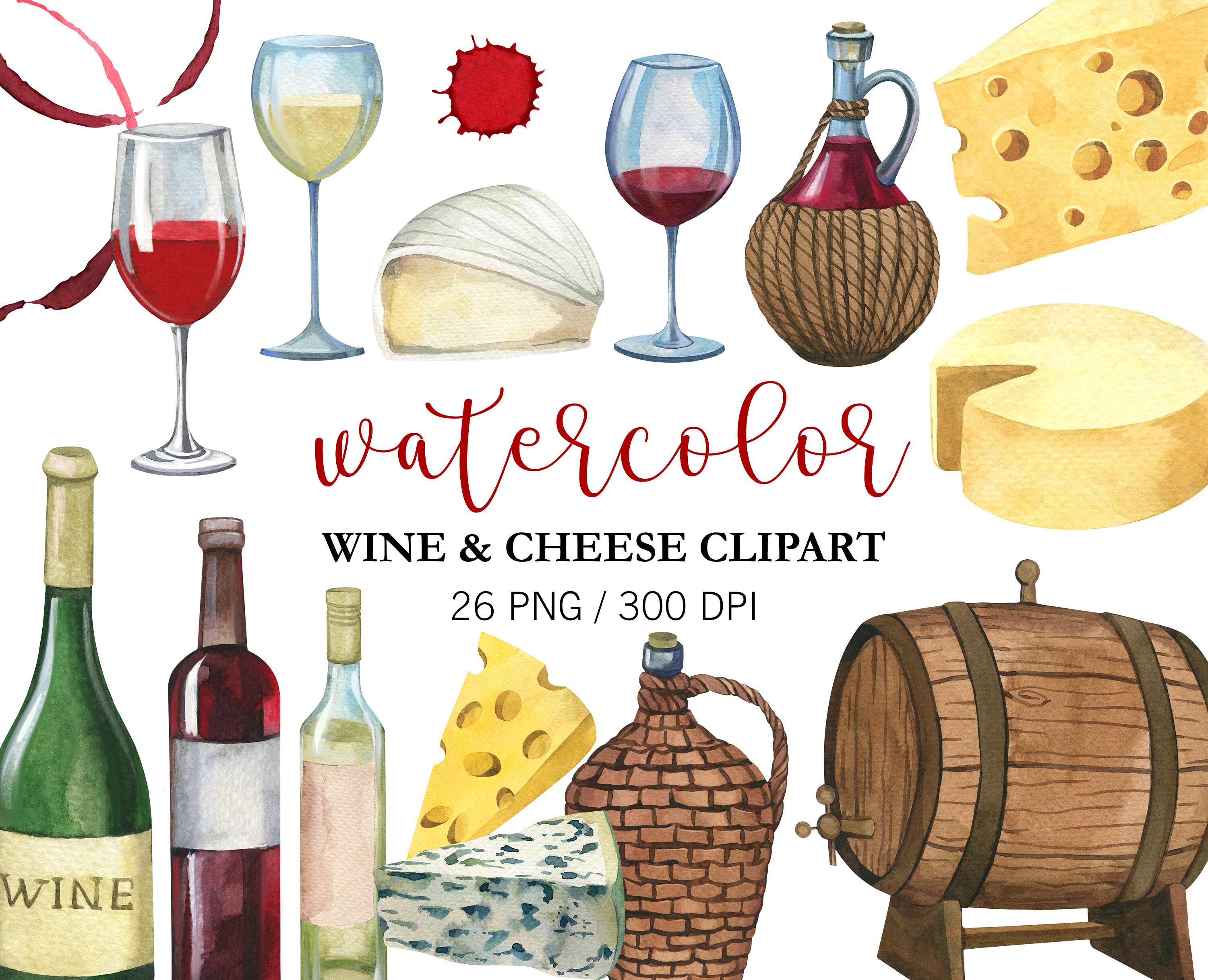 Watercolor Wine Clipart Fall Clipart Wine & Cheese PNG - Etsy