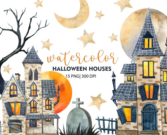 Watercolor Halloween House Halloween Clipart Haunted House - Etsy
