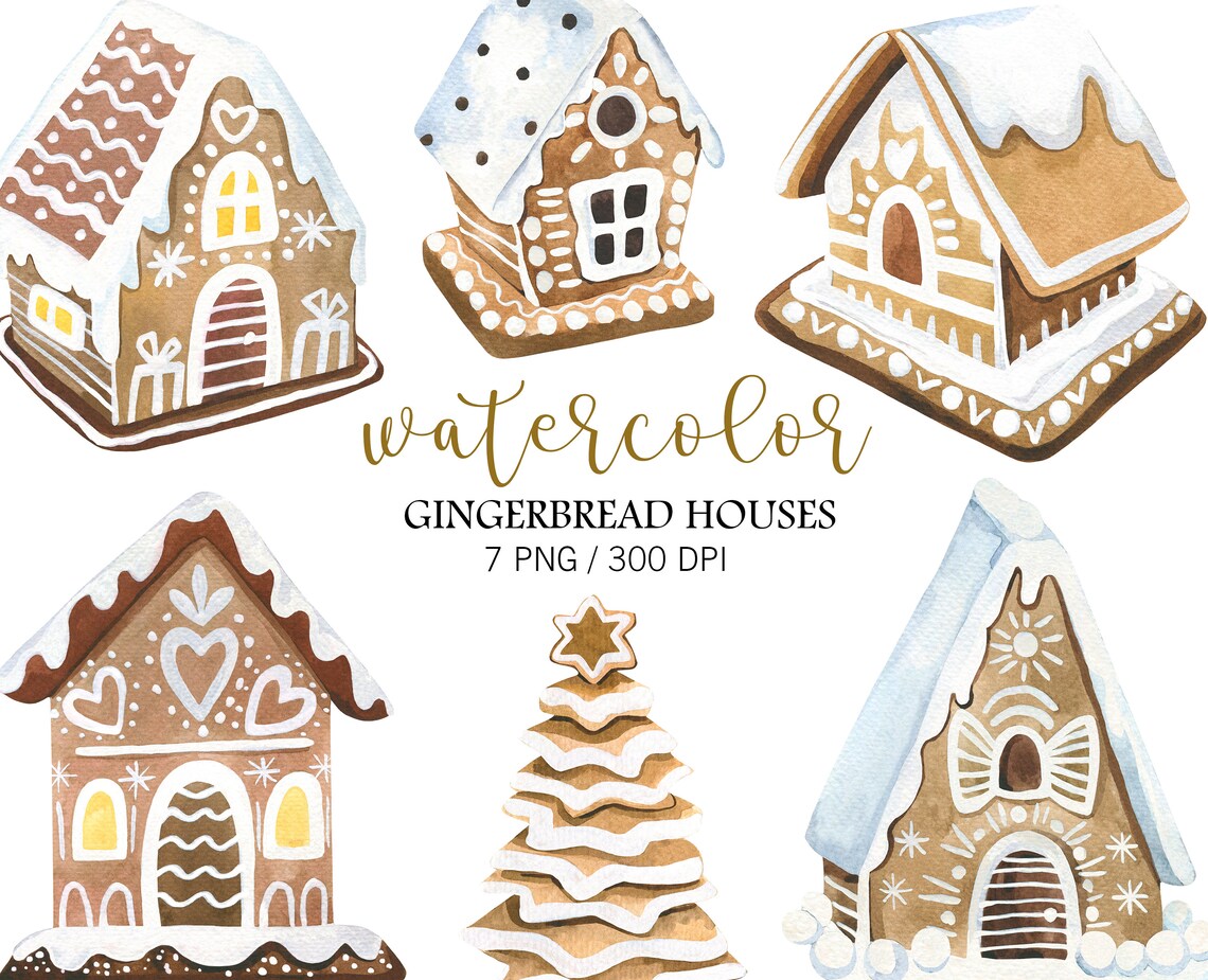 Watercolor Gingerbread Houses Clipart Chritmas Decor - Etsy