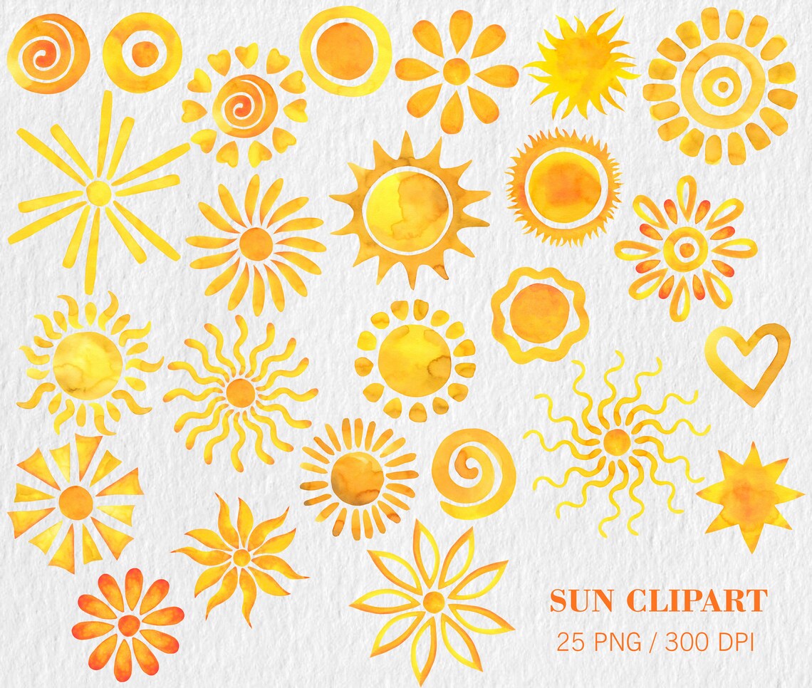 Watercolor Sun Clipart Digital Sun Clip Art Hand Painted | Etsy