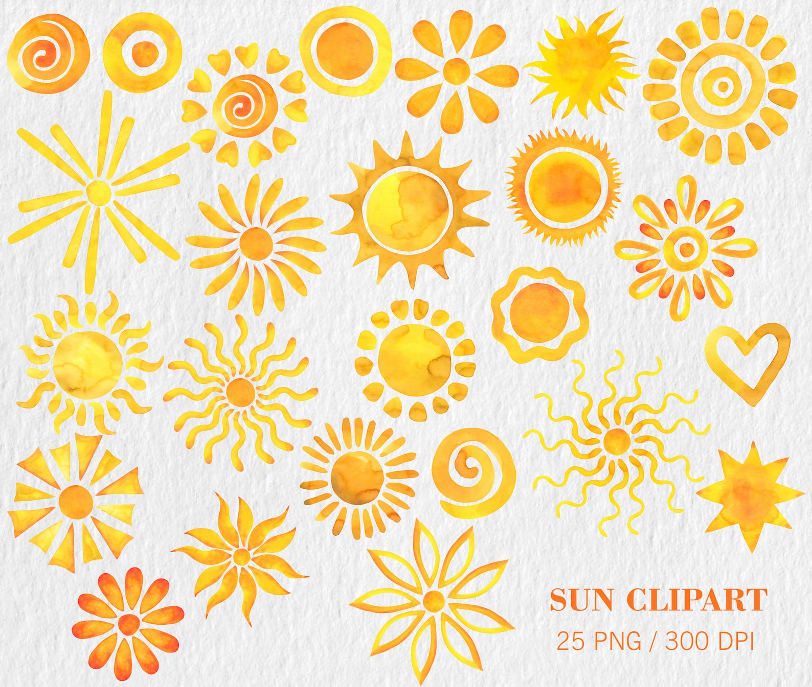 Watercolor Sun Clipart Digital Sun Clip Art Hand Painted | Etsy