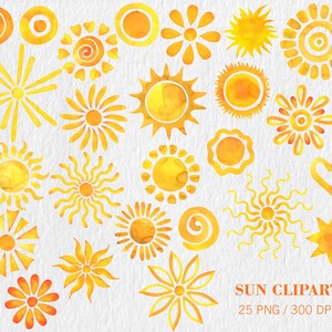 Watercolor Sun Clipart, Digital Sun Clip Art, Hand Painted Yellow and ...