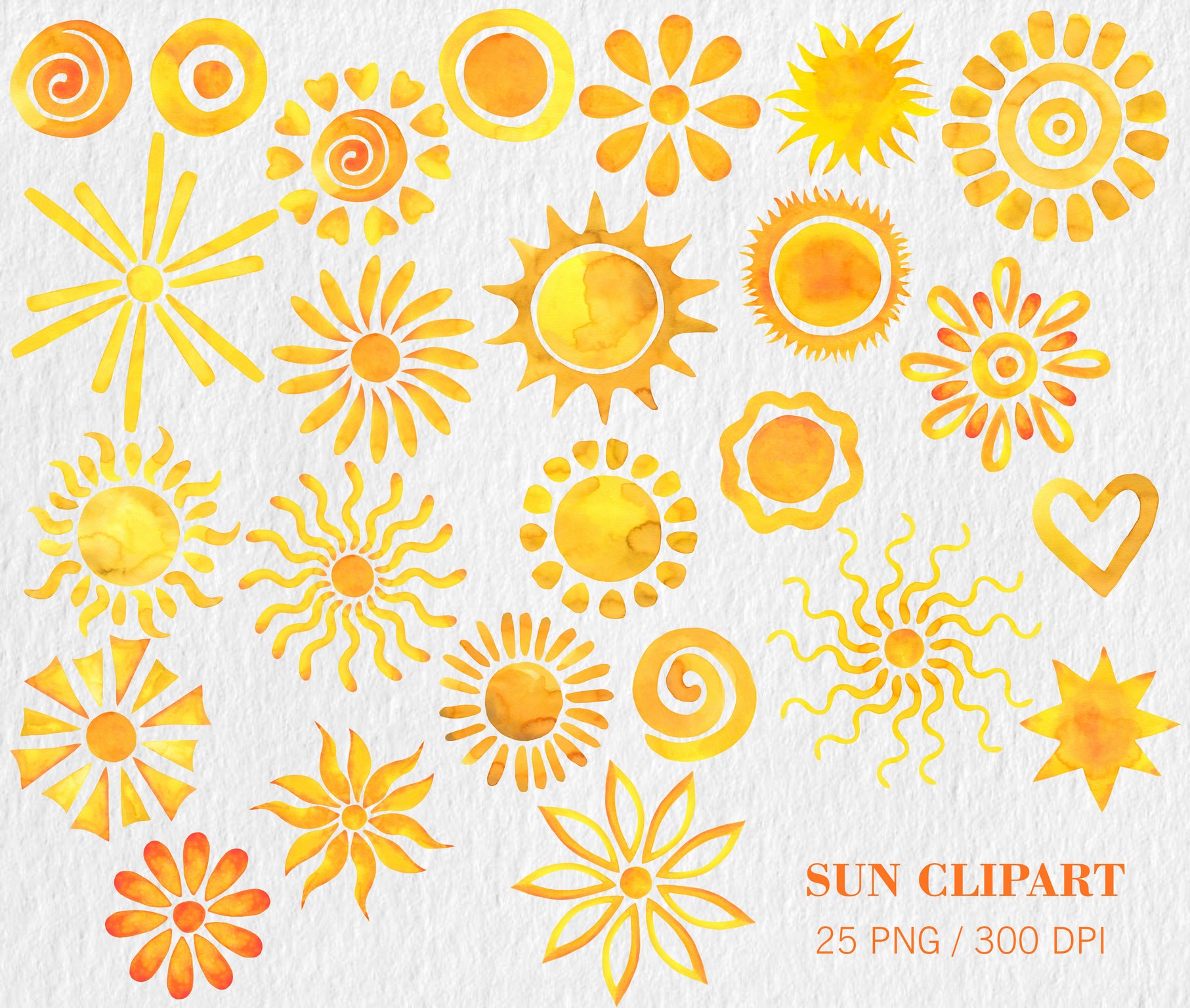 Watercolor Sun Clipart Digital Sun Clip Art Hand Painted | Etsy