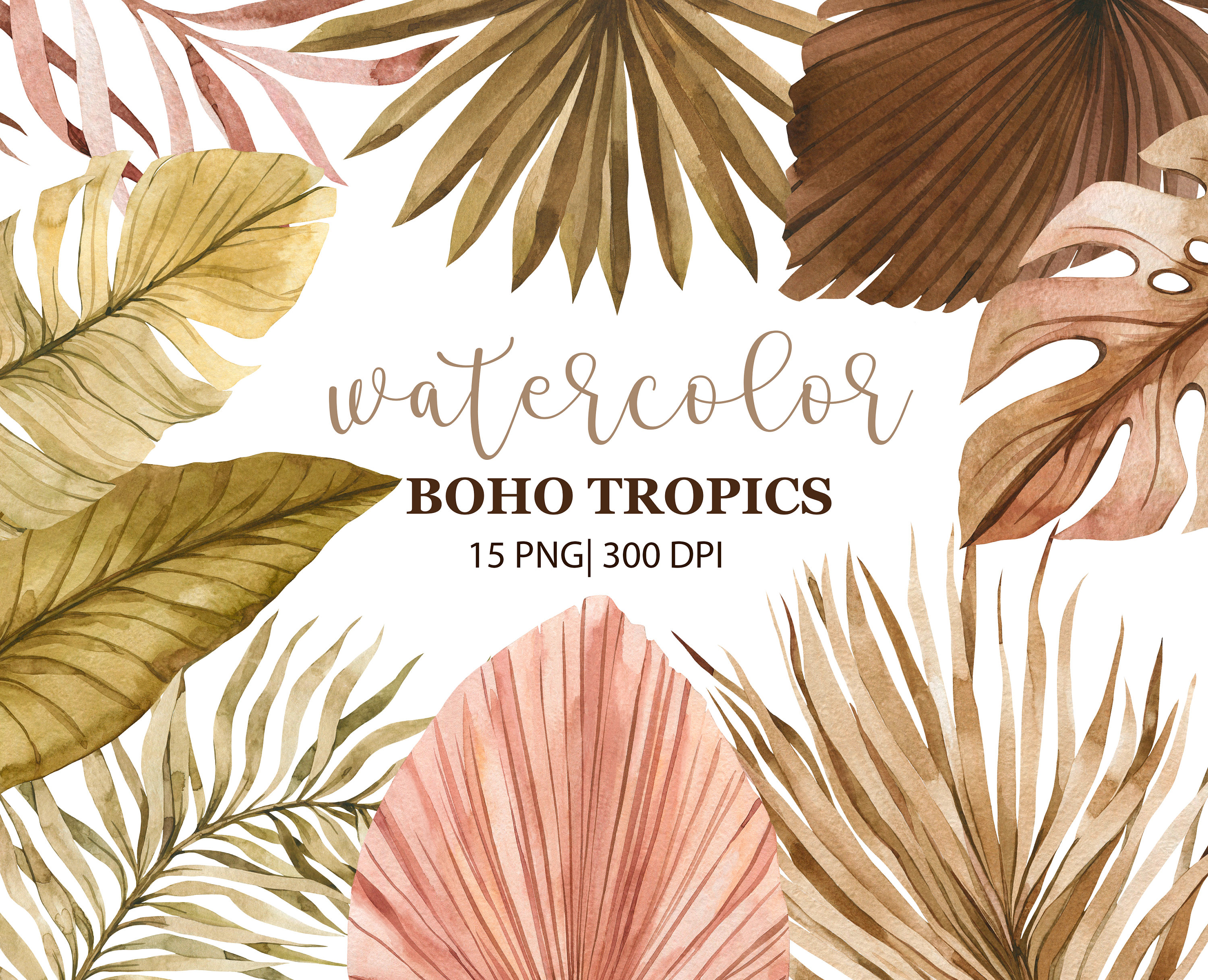 Watercolor Boho Tropics Clipart Dried palm leaf clipart Boho - Etsy España