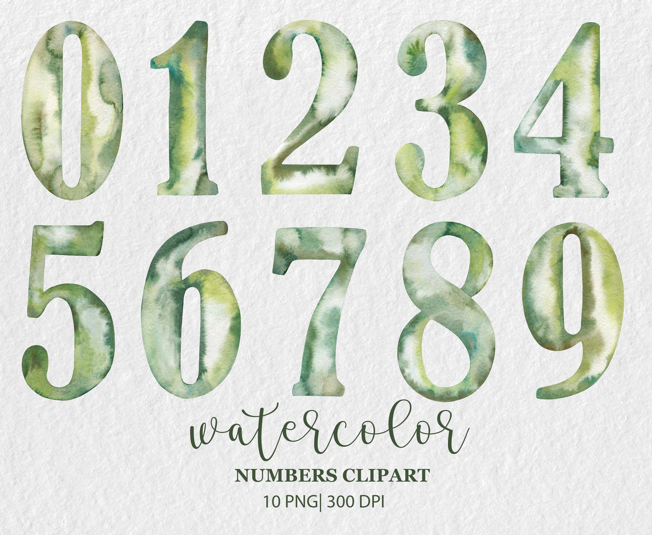 Watercolor Numbers Clipart, Hand Painted Numbers, Green Numbers Clipart ...