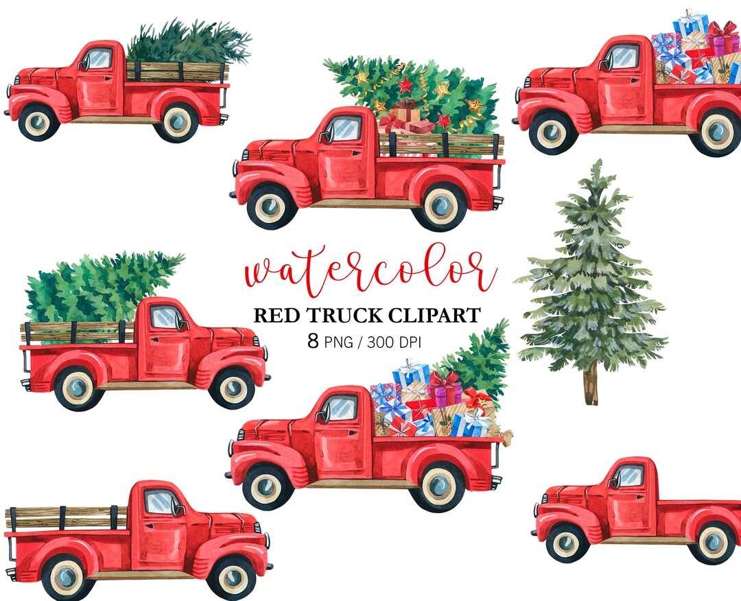 Watercolor Christmas Clipart, Watercolor Red Truck Clipart, Chtrictmas ...