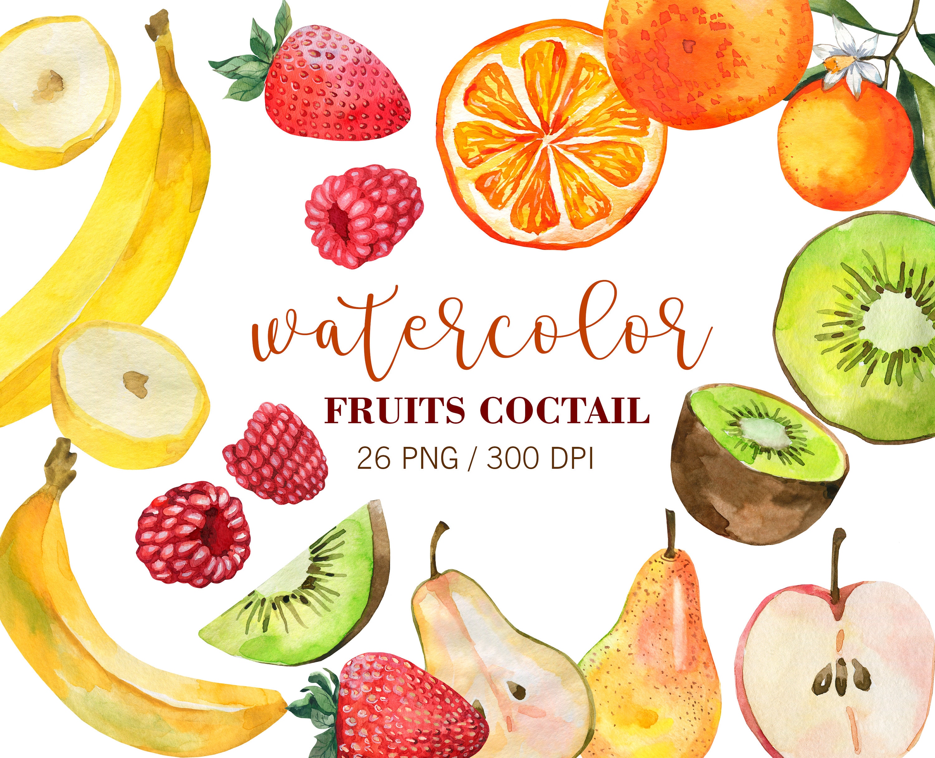 Watercolor Fruits Coctail Summer Clipart Watercolor Tropical | Etsy