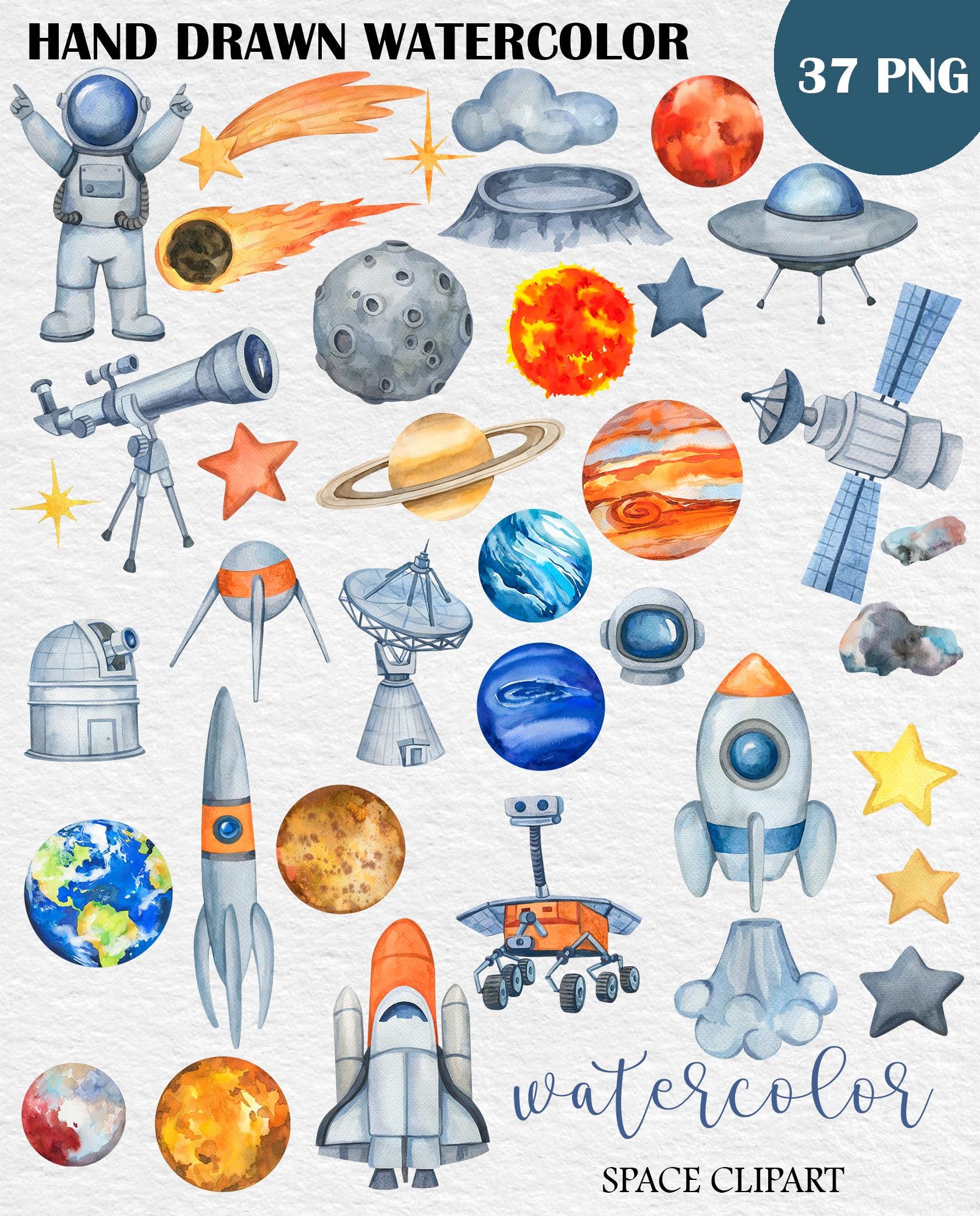 Watercolor Space Clipart PNG, Cute Hand Painted Planets & Galaxy Set ...
