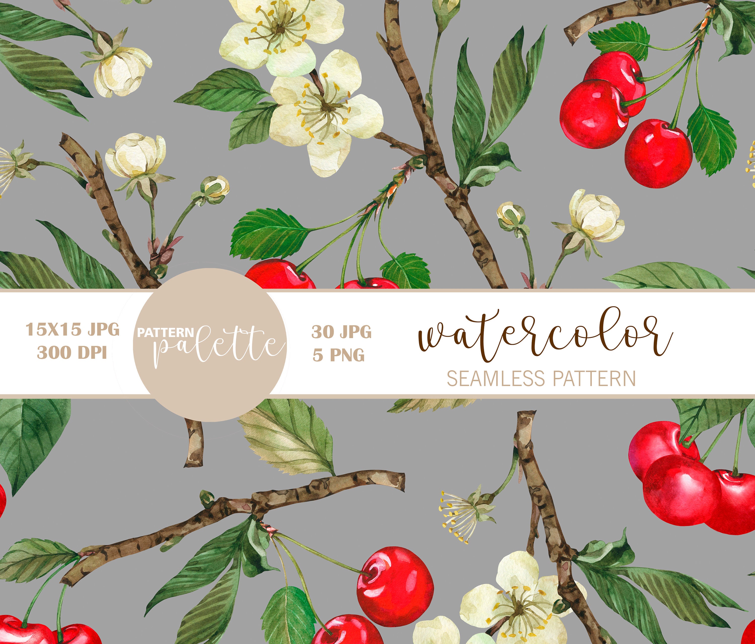 Watercolor Cherry Pattern Cherry Digital Paper Seamless | Etsy