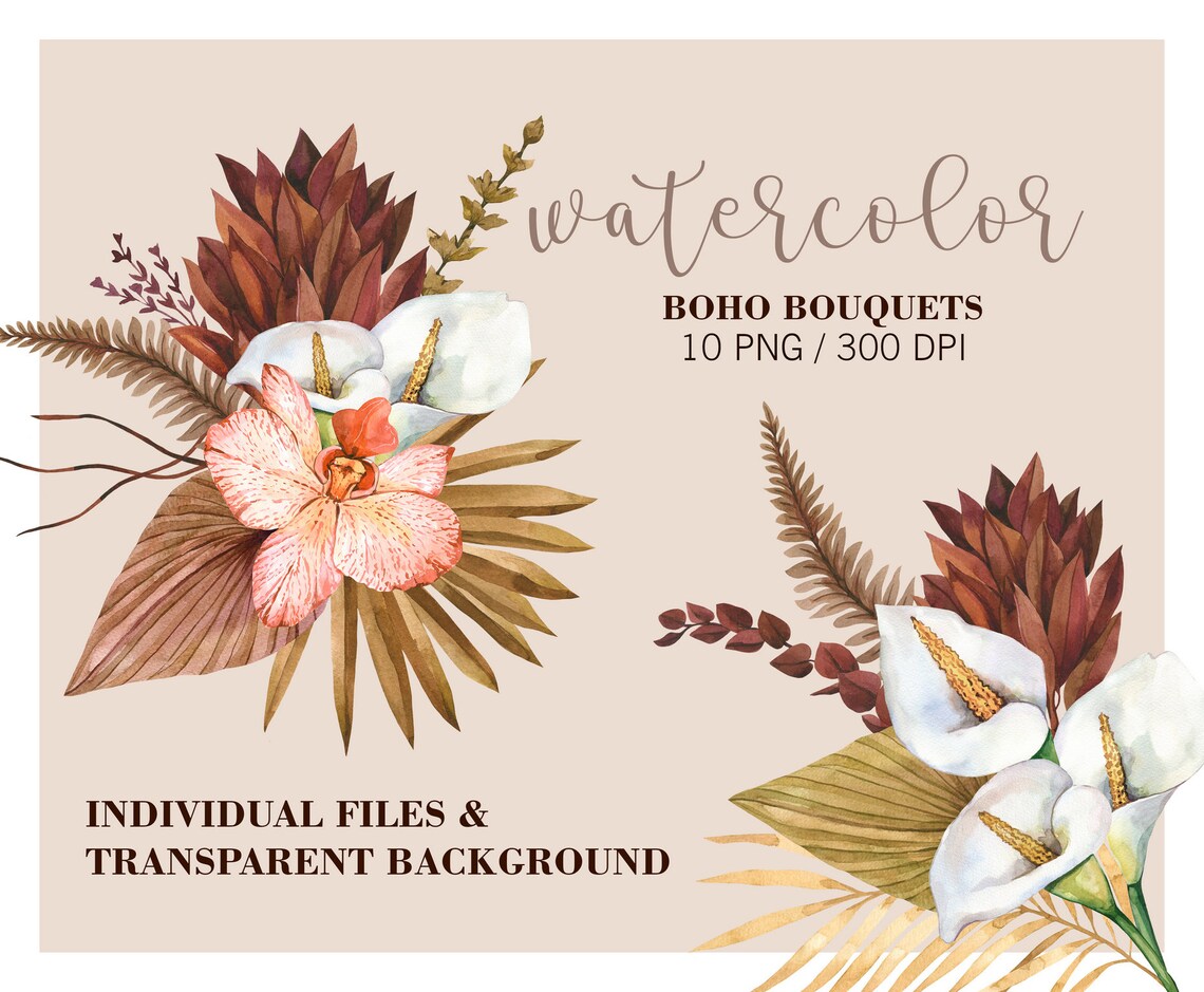 Watercolor Boho Bouquet Clipart Boho Tropical Flowers | Etsy
