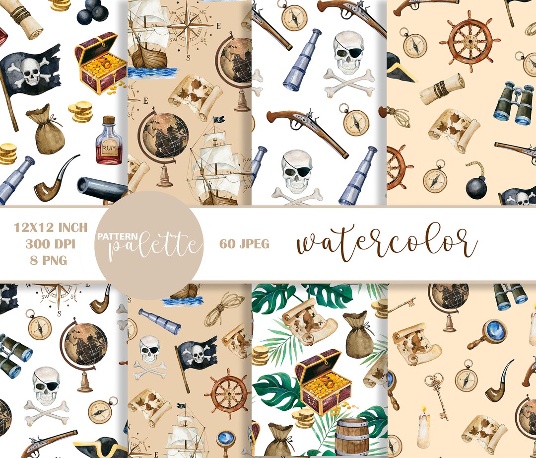 Watercolor Pirates Seamless Patterns, Nursery Decor, Digital Paper ...