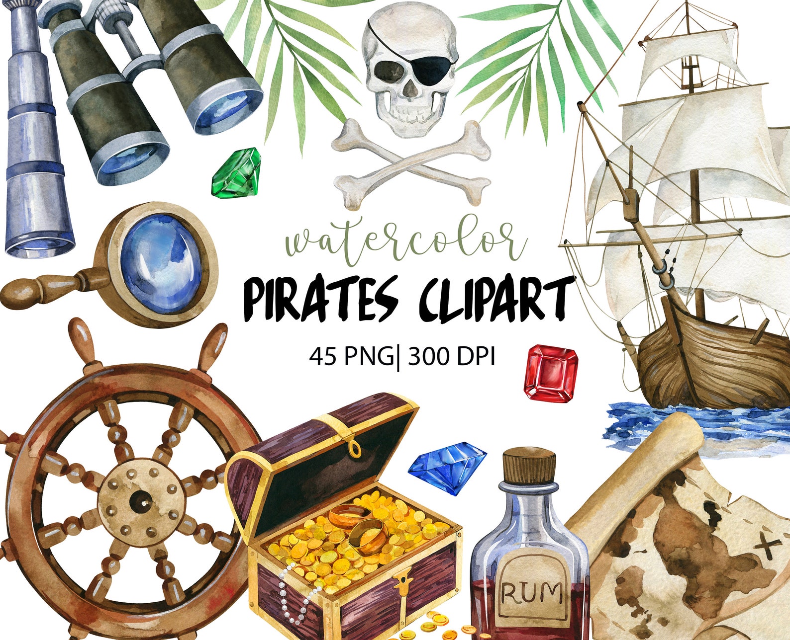 Watercolor Pirates Clipart Pirate Ship Treasure Chest - Etsy