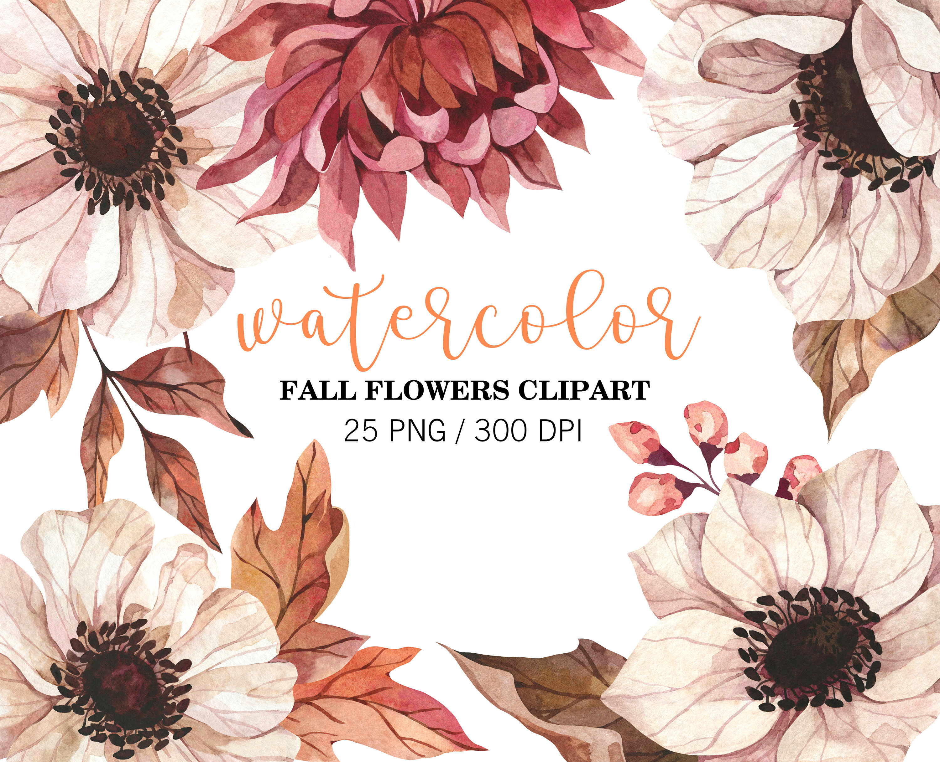 Watercolor Fall Clipart Floral Clipart Autumn Flowers | Etsy