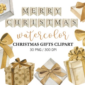 Watercolor Gift Box Clipart, PNG, Christmas Presents, Gold Gifts ...