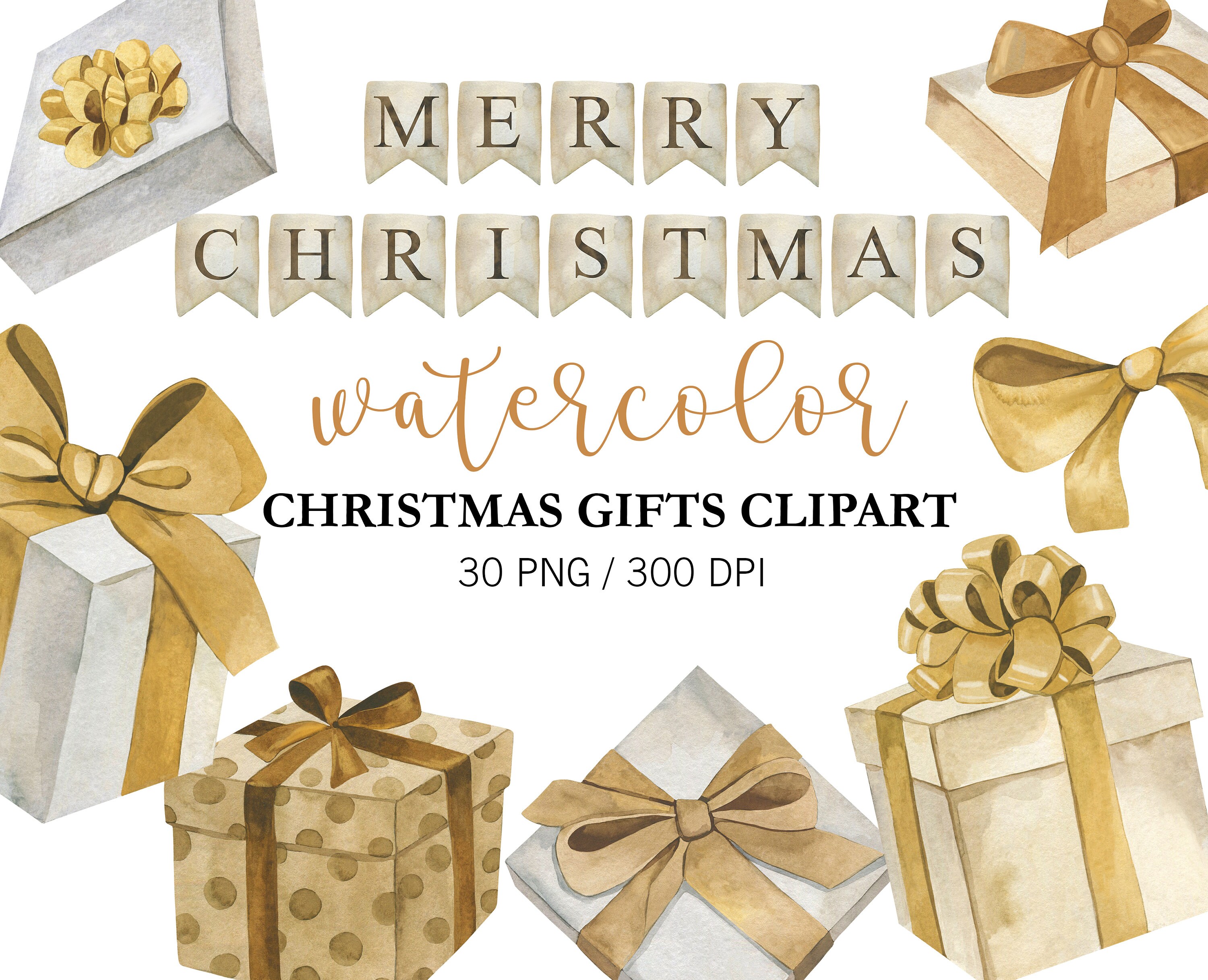 Watercolor Gift Box Clipart PNG Christmas Presents Gold - Etsy