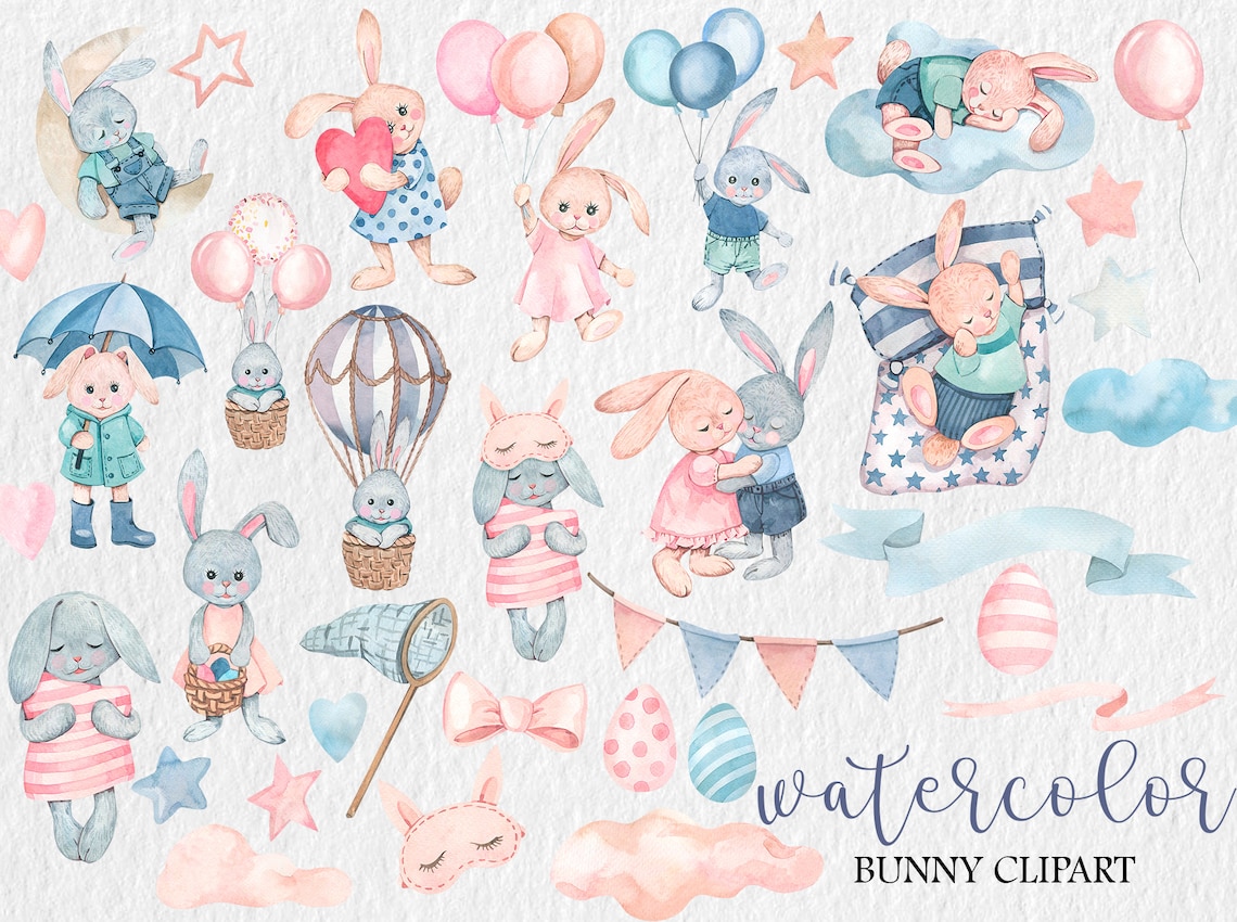 Watercolor Bunny Clipart Nursery Decor Easter Clipart - Etsy