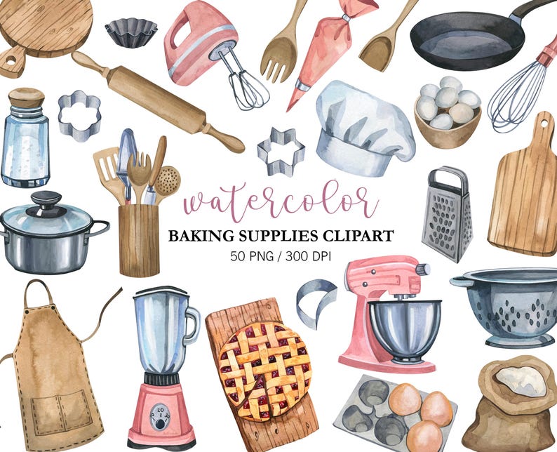 Watercolor Bakery Cooking Clipart Bakery Decor, Kitchen Clipart, PNG ...