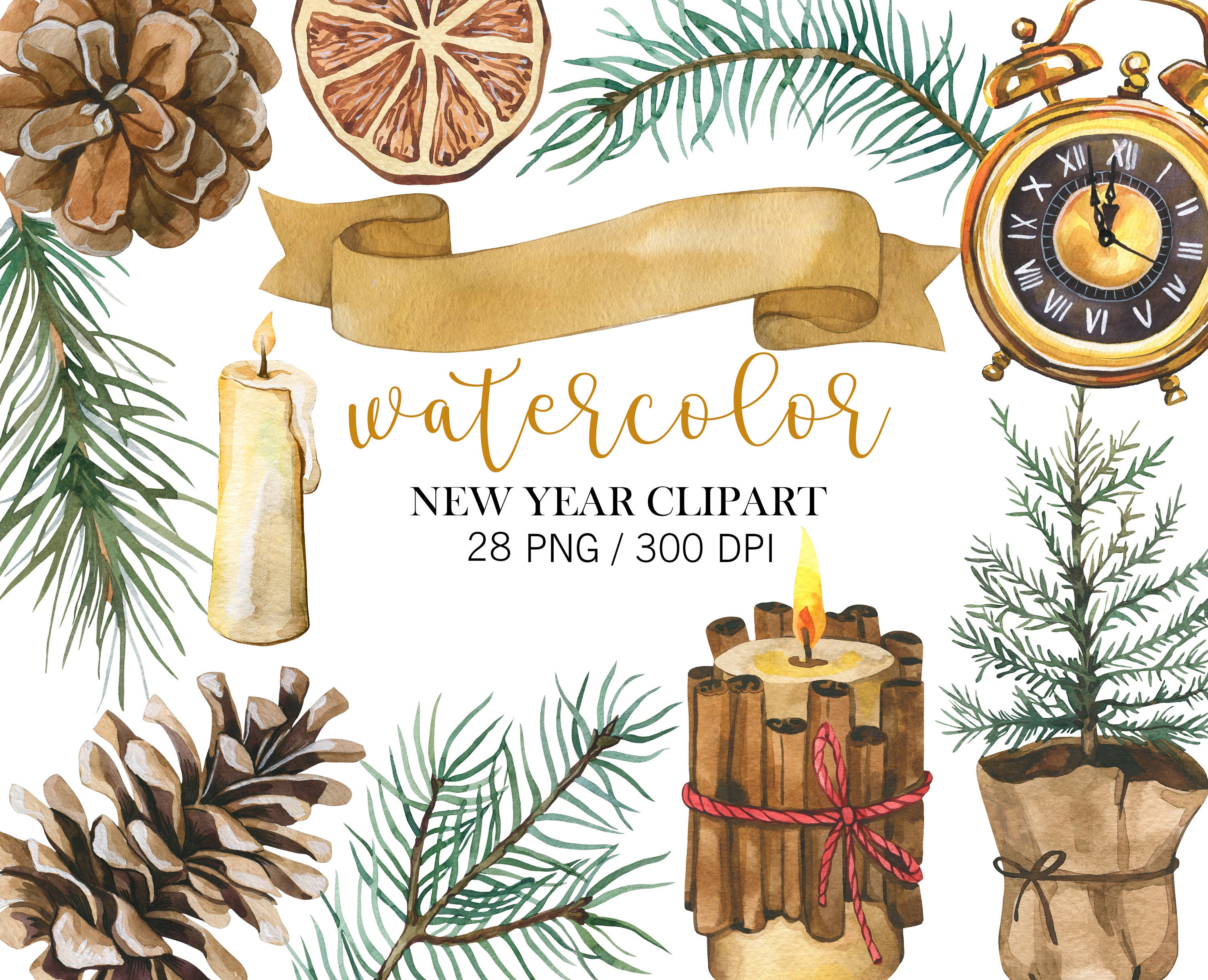 Watercolor New Year Clipart PNG, Hand Painted Gold Christmas, New Years ...