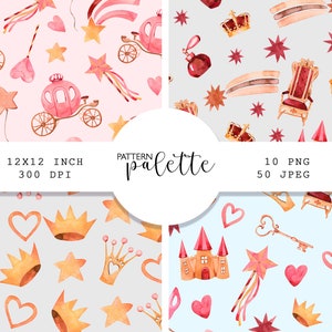 Watercolor Princess Seamless Pattern, Princess Digital Paper, Crown ...
