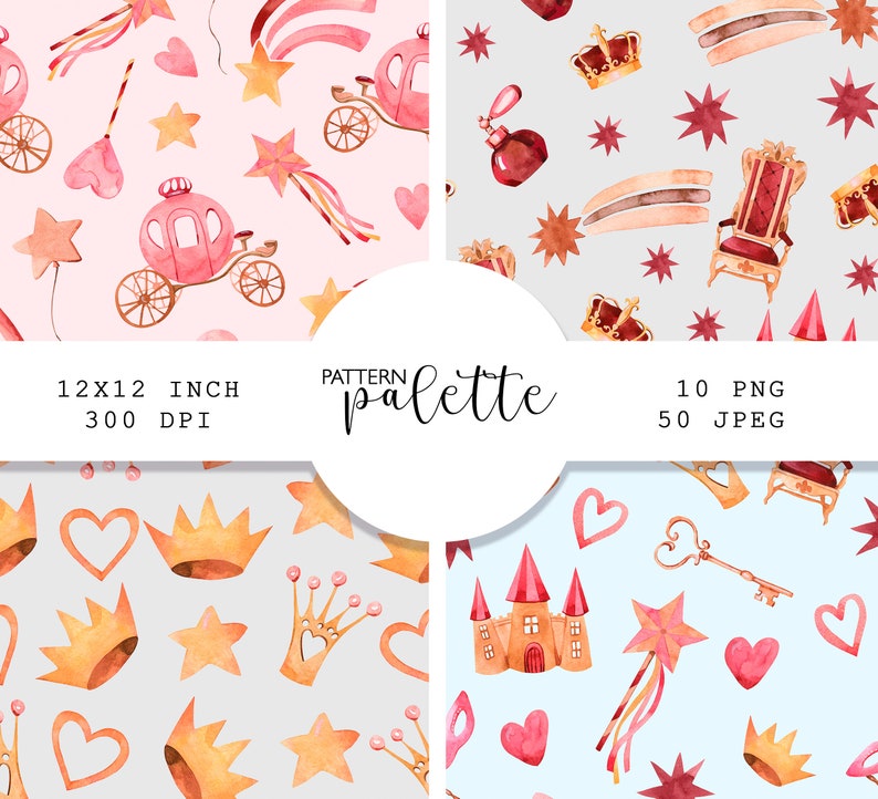 Watercolor Princess Seamless Pattern, Princess Digital Paper, Crown ...