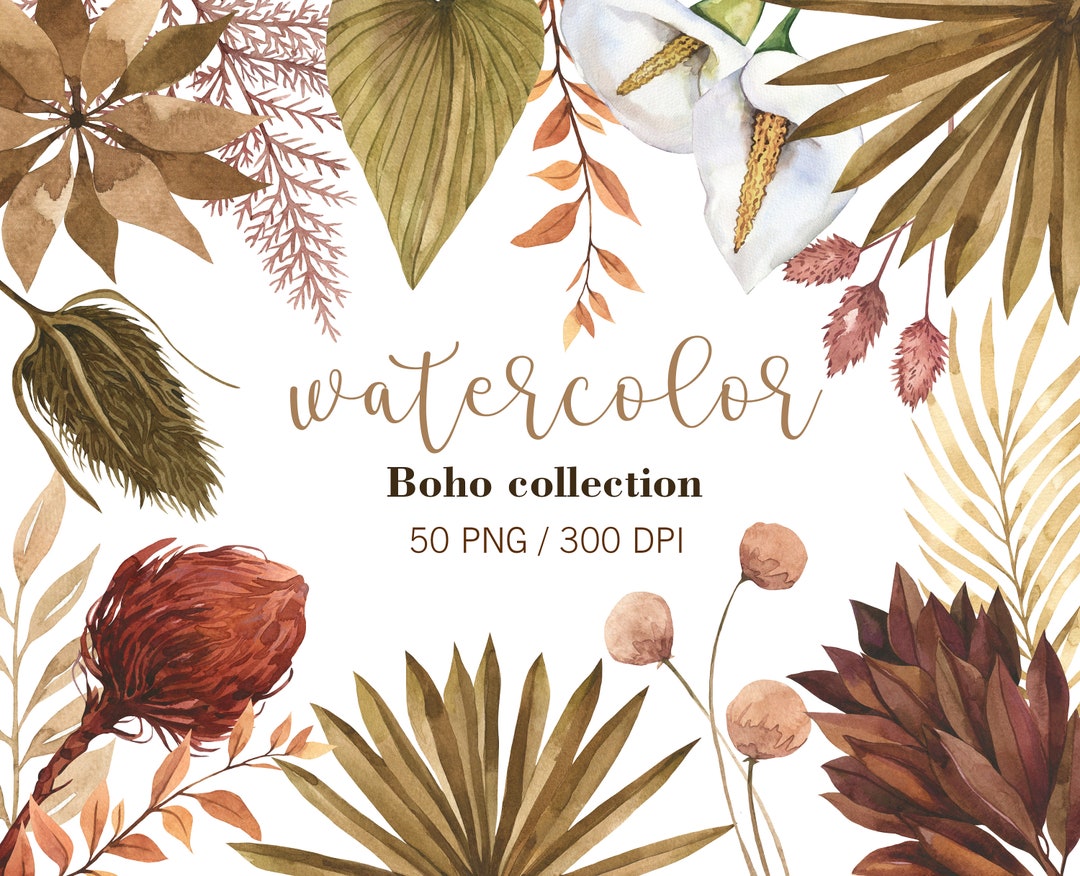 Watercolor Boho Floral Clipart, Dried Palm Leaf Clipart, Boho Wedding ...